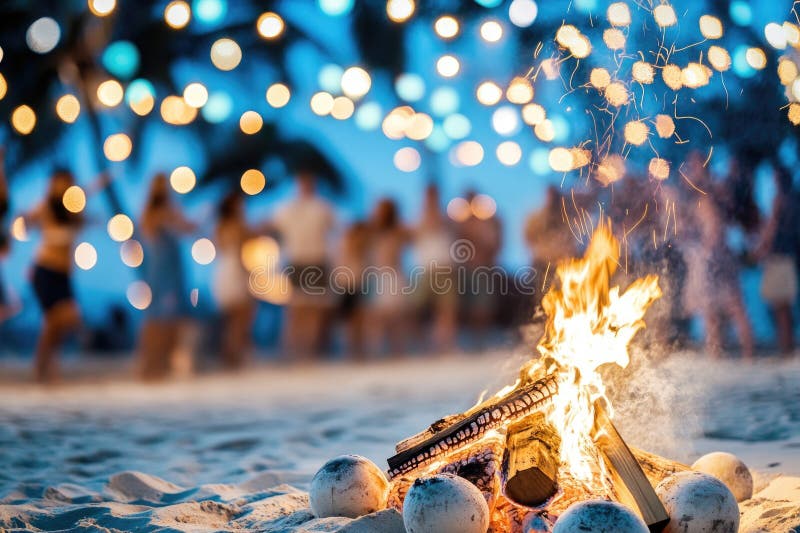 Cozy Beach Bonfire with Twilight Lights and Ocean View for Relaxing ...