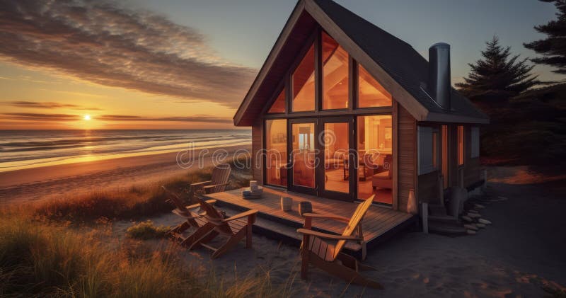 A Cozy Beach Cabin Against the Stunning Backdrop of a Sunset Sky Stock ...