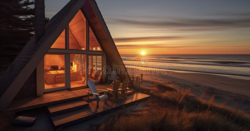 A Cozy Beach Cabin Bathed in the Radiant Hues of Sunset Stock ...