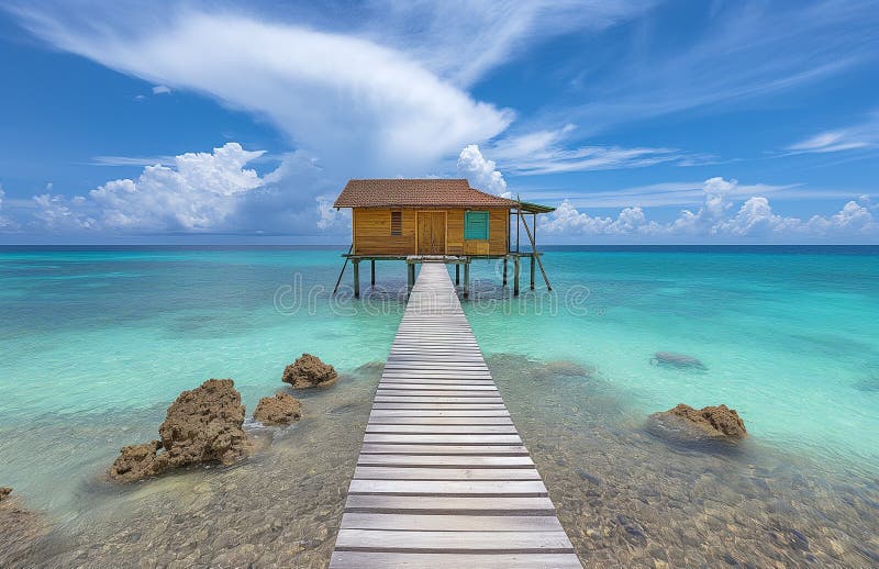 Cozy Beach Cabin on Stilts with Wooden Walkway Stock Image - Image of ...