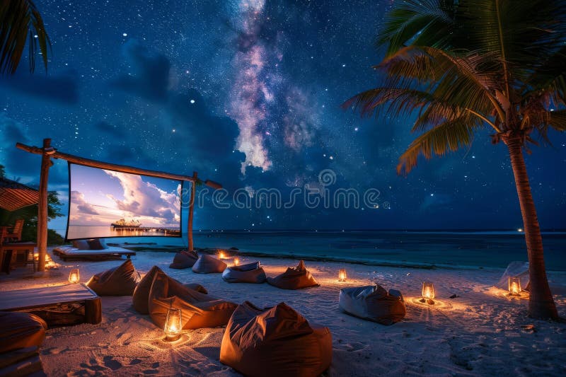 A Cozy Beach Cinema Setup with Bean Bags and a Projector Screen Under a ...