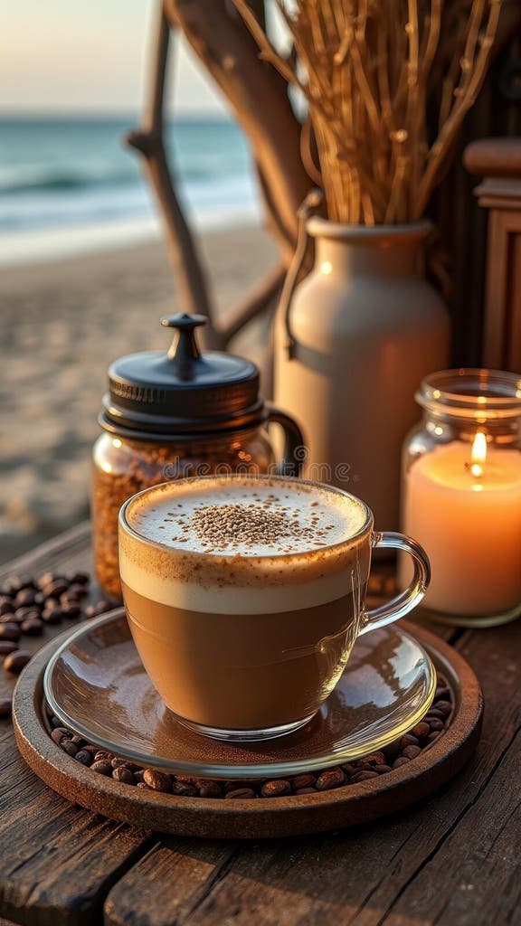 Cozy Beach Coffee Setup with Candlelight at Sunset Stock Photo - Image ...