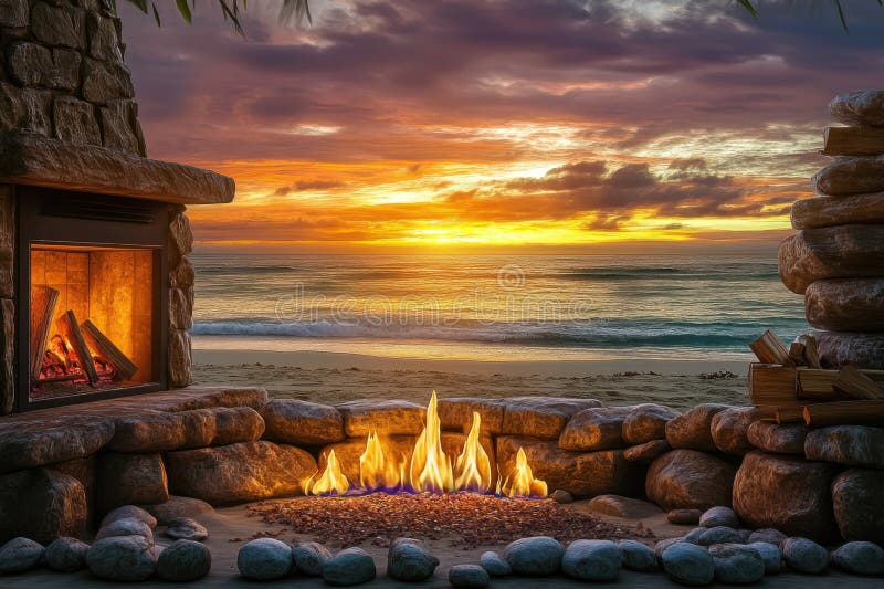 Cozy Beach Fire Pit at Sunset with Ocean and Vibrant Clouds Stock Photo ...