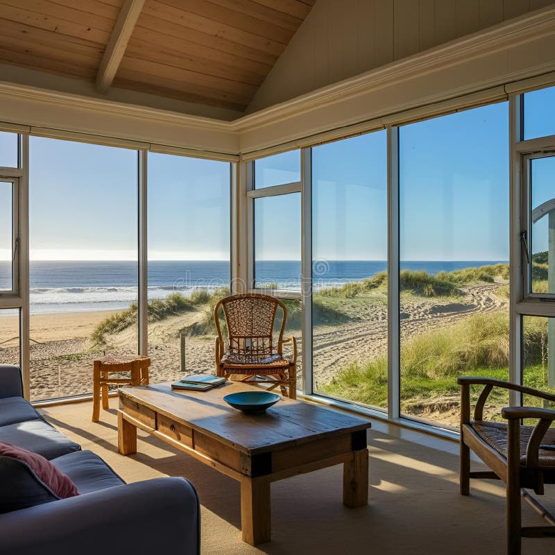 Cozy Beach House Interior with Large Windows Overlooking a Sunny Ocean ...
