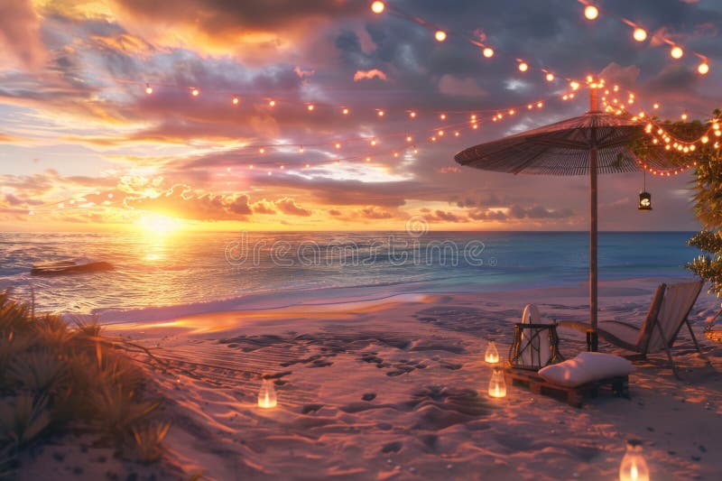 Cozy Beach Setup with String Lights at Sunset Stock Illustration ...