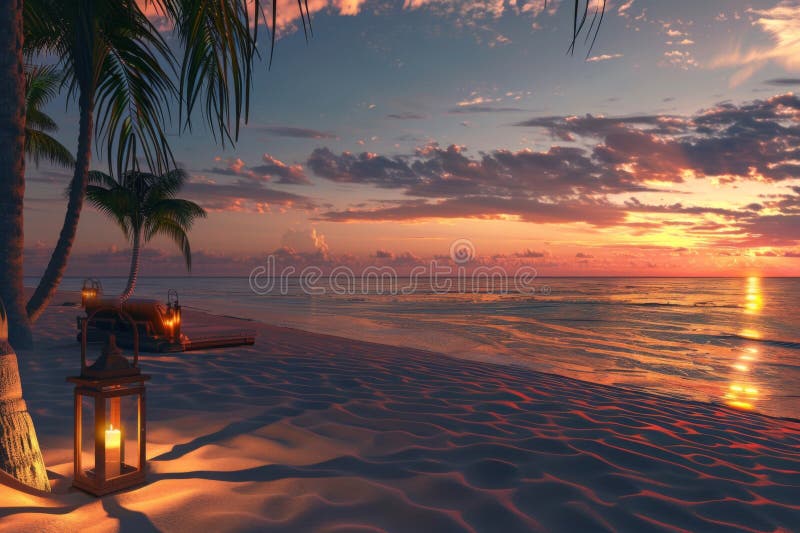 Cozy Beach Setup with String Lights at Sunset Stock Illustration ...