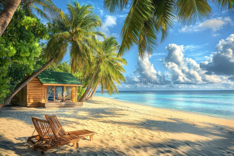 A Cozy Beachfront Bungalow Under a Palm Tree in a Tropical Paradise ...