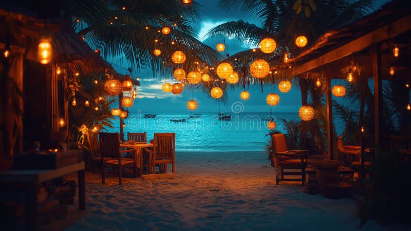 Cozy Beachfront Dining at Sunset with Glowing Lanterns on Tropical ...