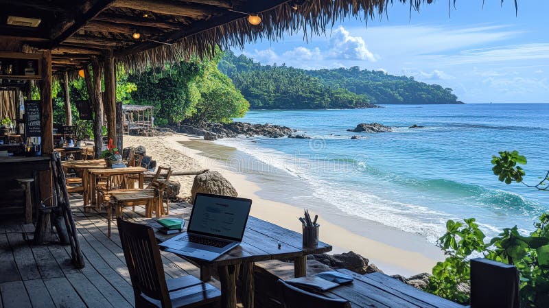 Cozy Beachfront Workspace with Seating and Ocean Backdrop Stock Image ...