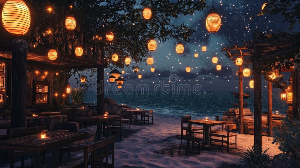 Cozy Beachside Cafe with Lanterns Hanging in the Breeze. Stock Photo ...