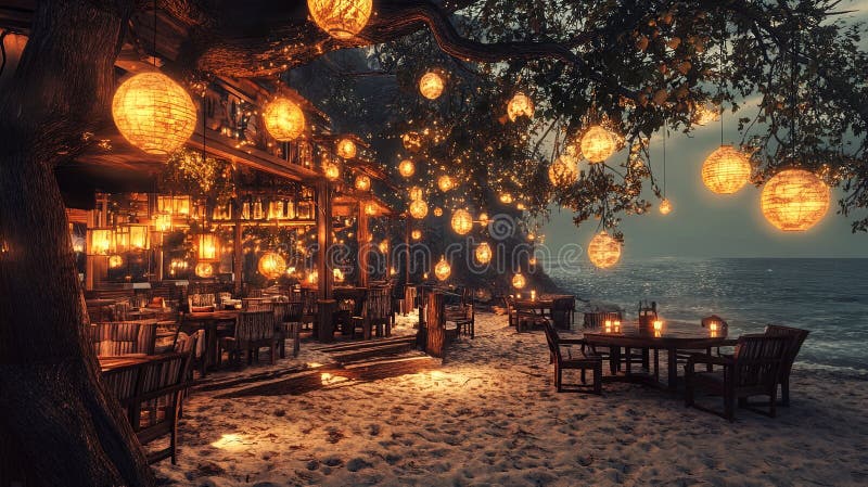 Cozy Beachside Cafe with Lanterns Hanging in the Breeze. Stock Image ...