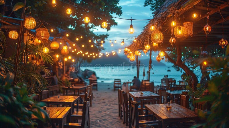 Tropical Beachside Evening Dining Stock Photo - Image of bistro ...