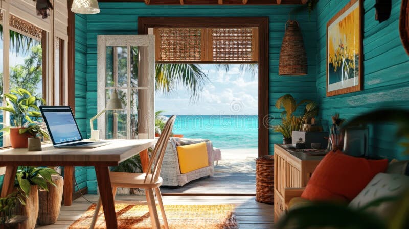 Cozy Beachside Workspace with a View of the Ocean and Tropical Decor ...