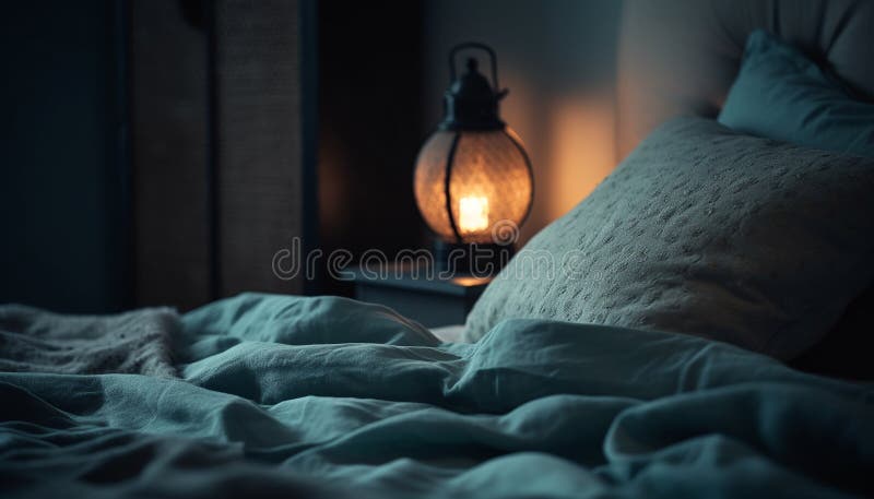 Cozy Bed Illuminated by Electric Lamp Glowing Light Generated by AI ...