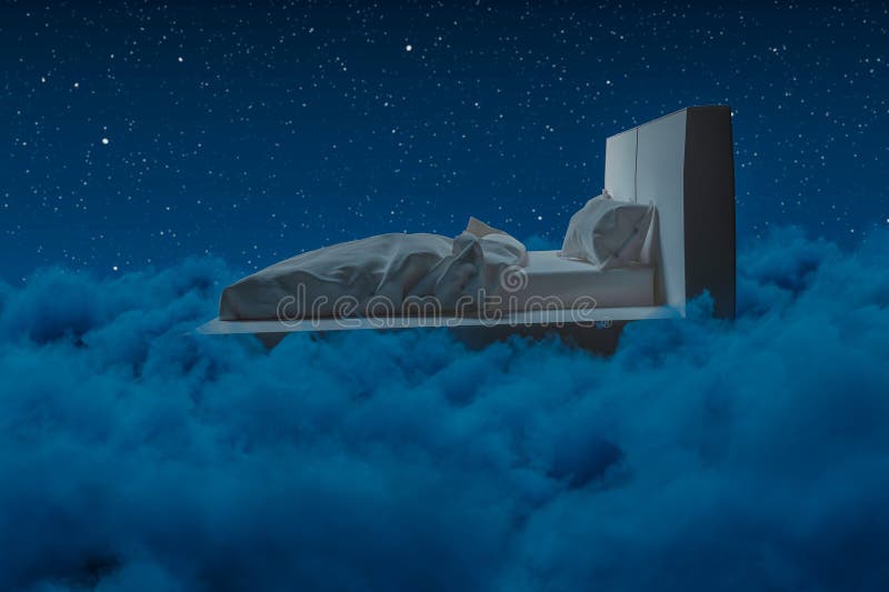 Cozy Bed Over Fluffy Clouds at Night Stock Illustration - Illustration ...