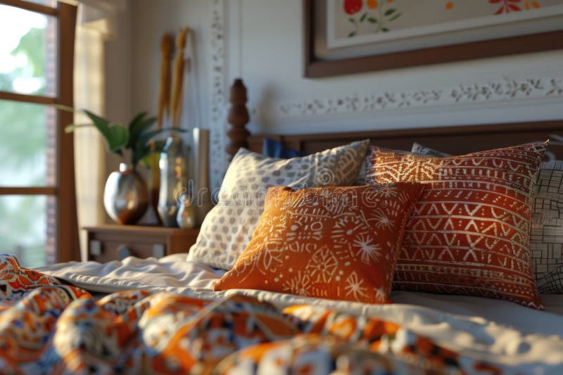 A Cozy Bed with a Pile of Fluffy Pillows. Perfect for Home Decor or ...