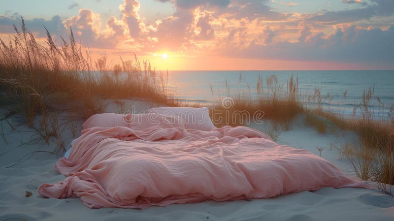 Cozy Bed on Sandy Beach with Ocean View at Sunrise, Peaceful Escape ...