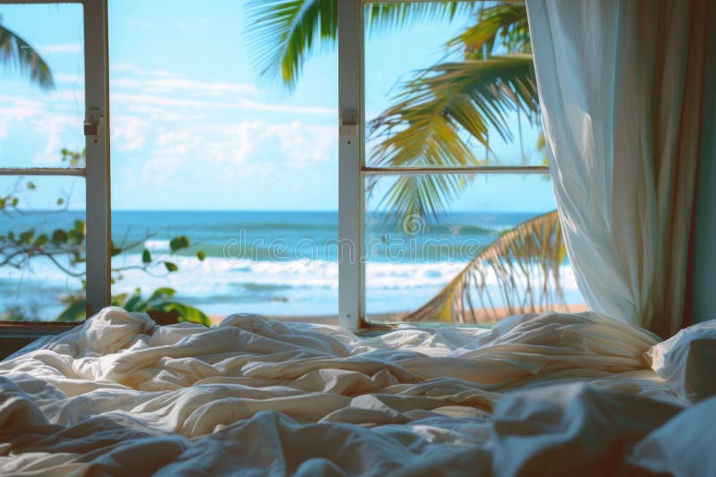 Cozy Bed Scene with Unmade Sheets and a Stunning Ocean View Stock Image ...