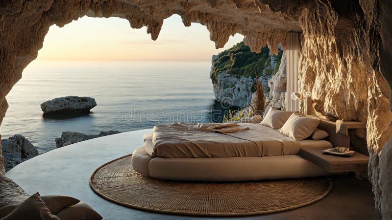 Cozy Bed Set Inside a Cave Overlooking the Sea at Sunset Stock Footage ...