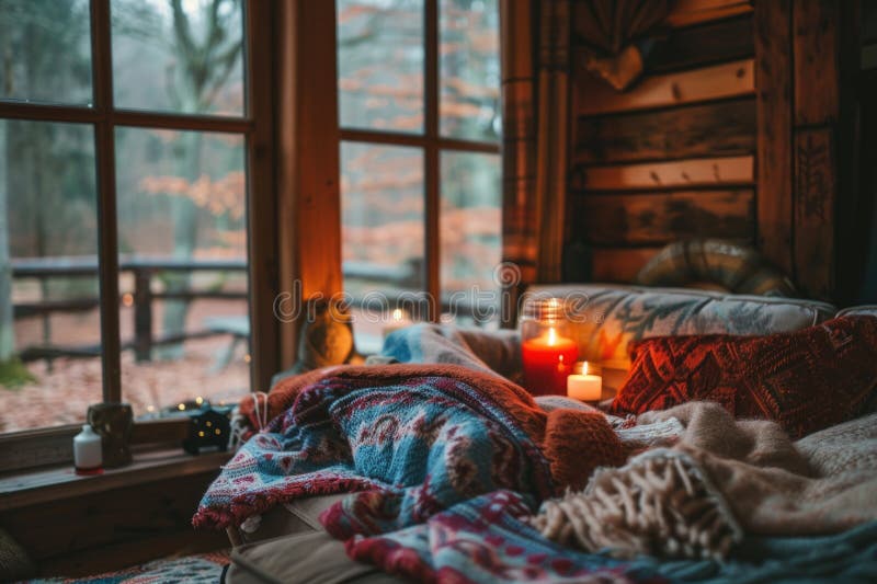 A Cozy Bed with a Soft Blanket is Illuminated by a Flickering Candle in ...