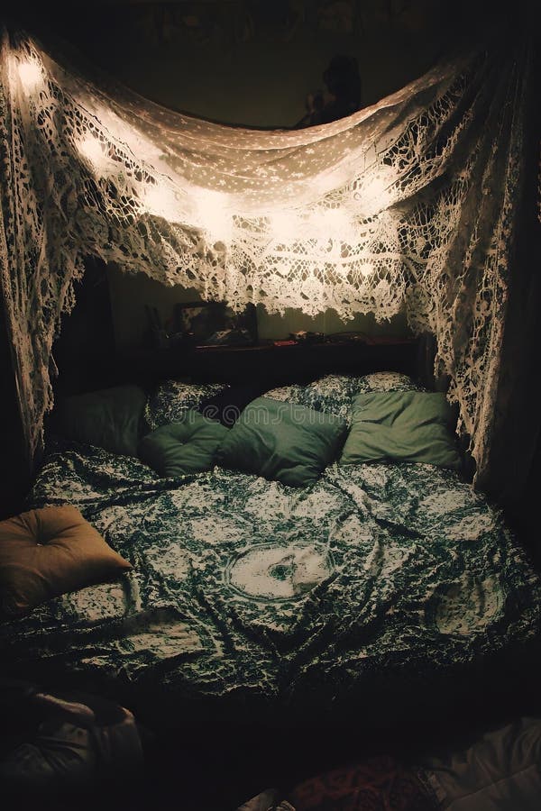 Cozy Bed with String Lights and Lace Canopy Generated Using AI. Stock ...