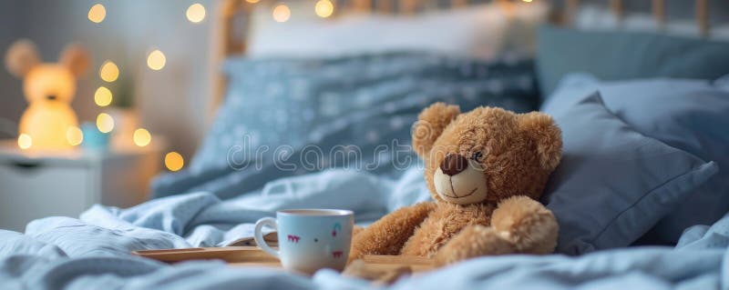 Cozy bed with a teddy bear stock image. Image of room - 349754779