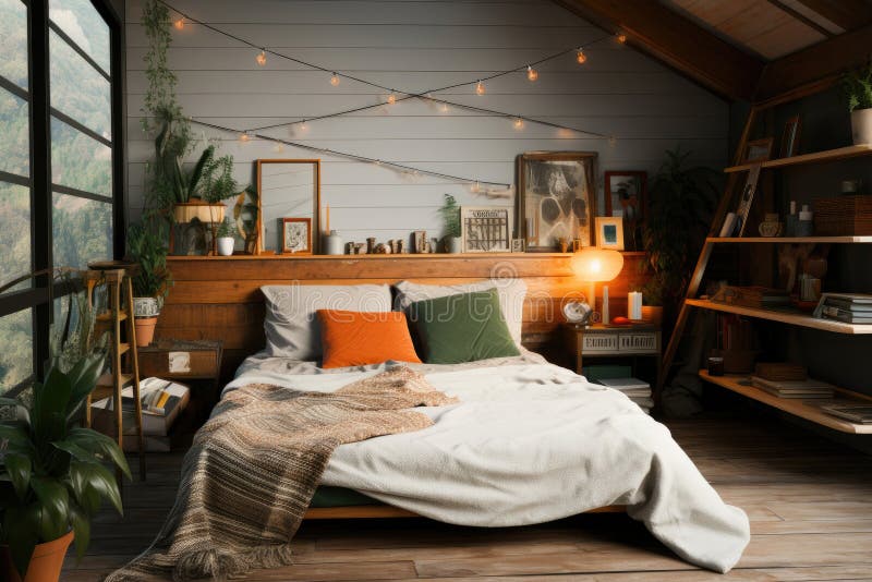 Cozy Bedroom with a Bed and Light Bulbs in the Interior Decor Stock ...