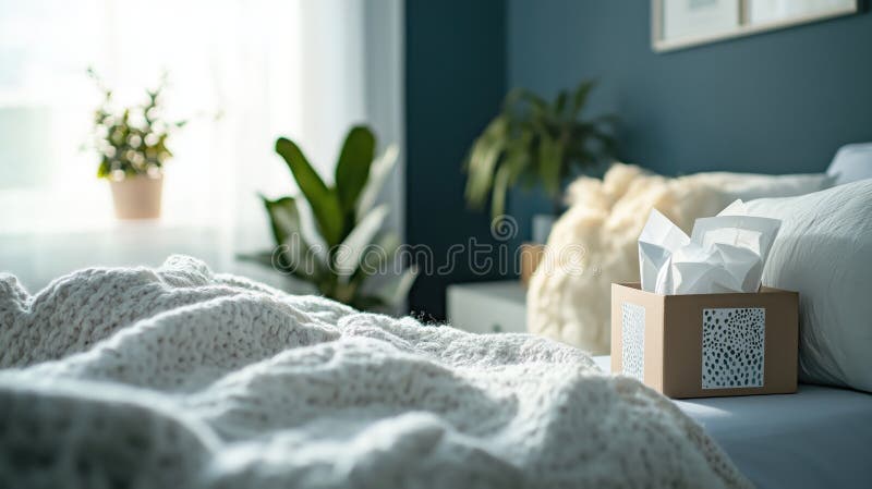 Cozy Bedroom with Blanket and Tissues Stock Image - Image of softness ...