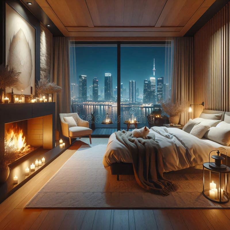 Cozy Bedroom with Cityscape View and Warm Lighting Stock Illustration ...
