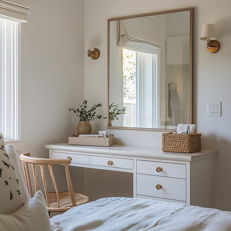 A Cozy Bedroom Corner Features a White Vanity with Brass Drawer Knobs ...