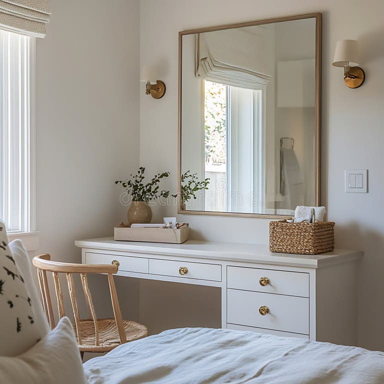 A Cozy Bedroom Corner Features a White Vanity with Brass Drawer Knobs ...