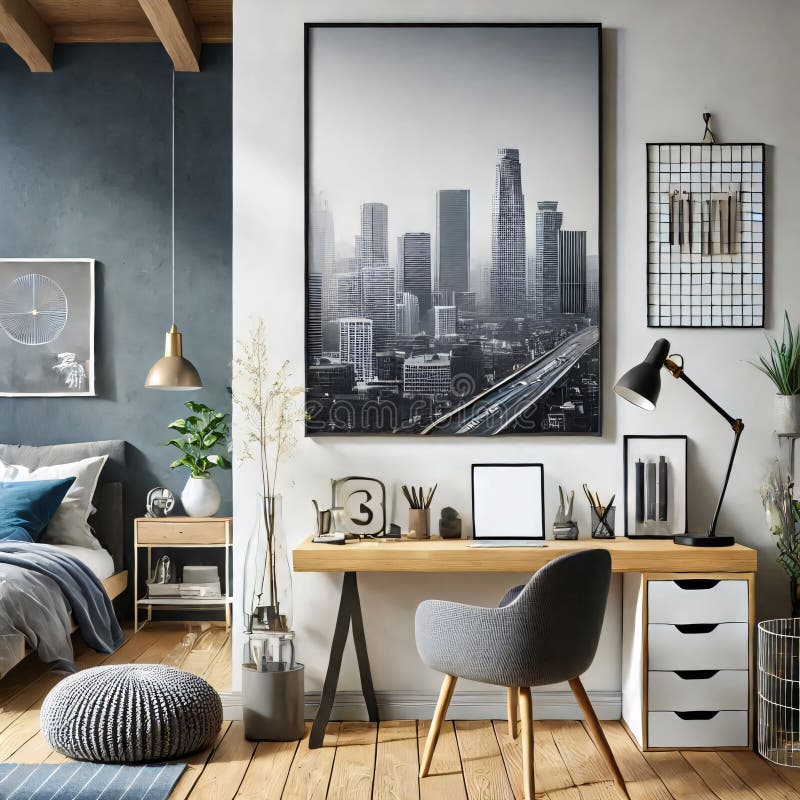 Cozy Bedroom with Desk and Chair Generative for AI Stock Illustration ...