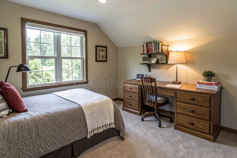 Cozy Bedroom with a Desk and Window View Stock Illustration ...