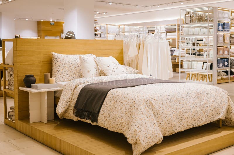 Cozy Bedroom Display Modern Home Decor Store Bedding Accessories Stock ...