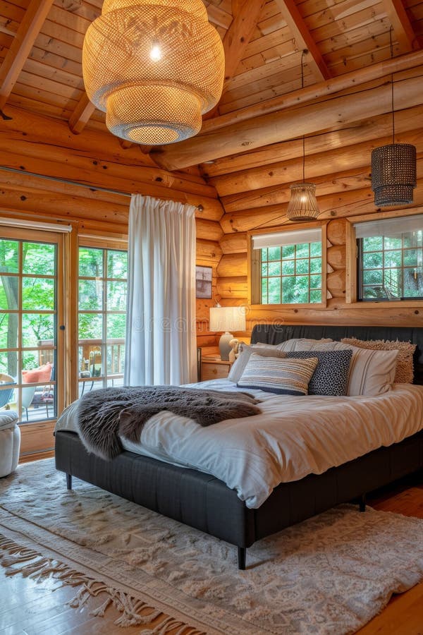A Cozy Bedroom Featuring a Large Bed in a Rustic Log Cabin Setting ...