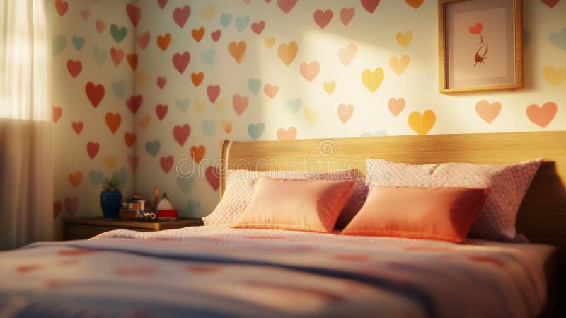 Wallpaper with a Subtle Heart Pattern in a Cozy Bedroom Stock ...