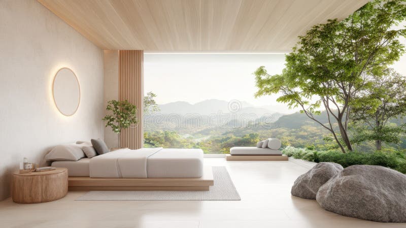 Cozy Bedroom Featuring Spacious Bed Surrounded by Natural Elements ...