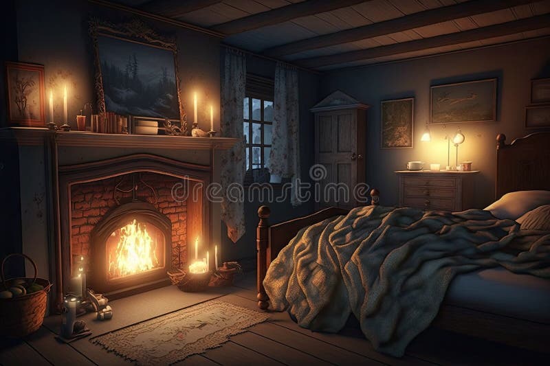 A Cozy Bedroom, with a Fireplace and Flickering Flames, on a Chilly ...