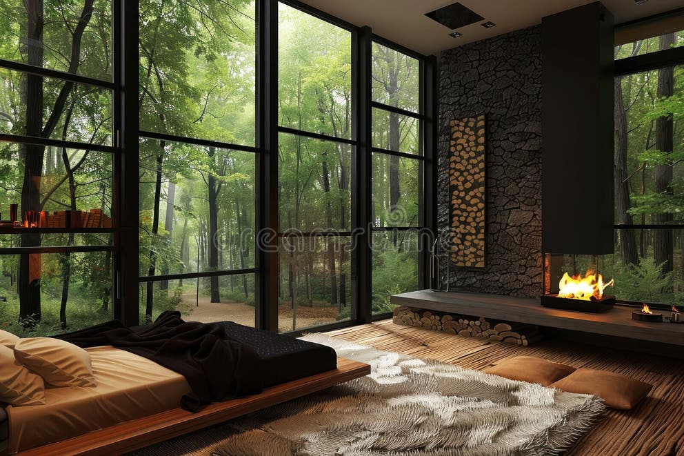 Cozy Bedroom with Forest View and Fireplace Stock Photo - Image of ...