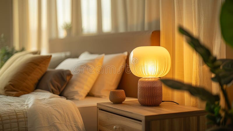 A Cozy Bedroom with a Glowing Table Lamp Stock Image - Image of ...