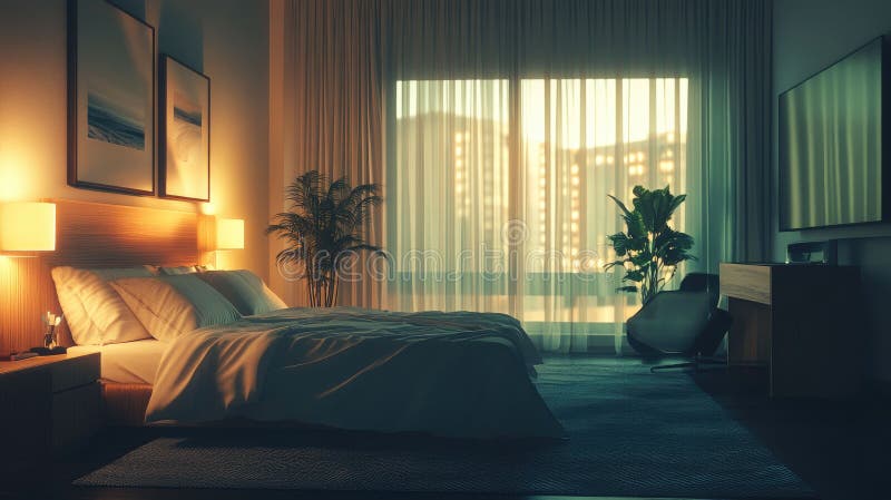 Cozy Bedroom Interior with City View through Window at Sunset Stock ...