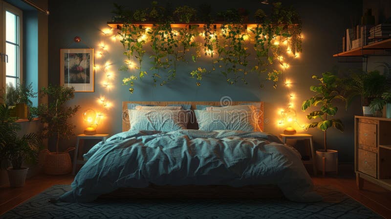 Cozy Bedroom Interior Decor with Hanging Plants and String Lights Stock ...