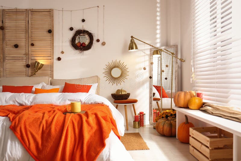 Cozy Bedroom Interior Inspired by Autumn Color Scheme Stock Image ...