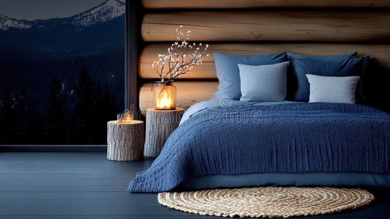 Cozy Bedroom Interior with a Log Cabin Style Blue Bedding and Calming ...