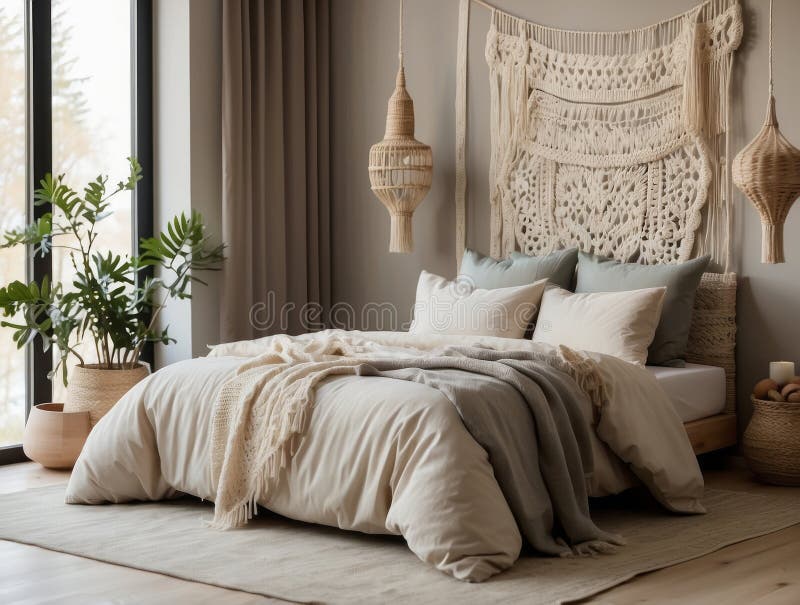 Cozy Bedroom Interior with Macrame Wall Decor and Natural Elements ...