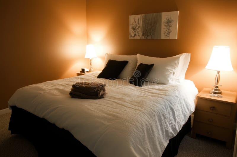 Cozy Bedroom Interior with Warm Lighting and Comfortable Bed Setup ...