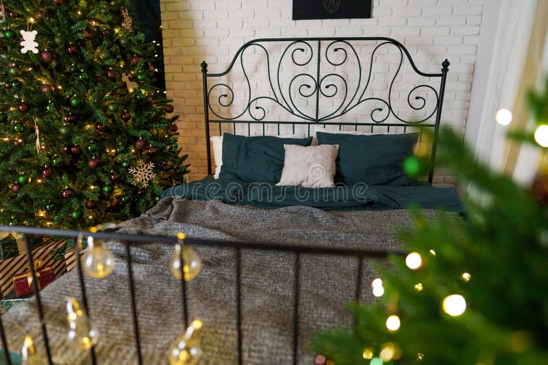 Cozy Bedroom Interior with Winter Christmas Decorations Stock Image ...
