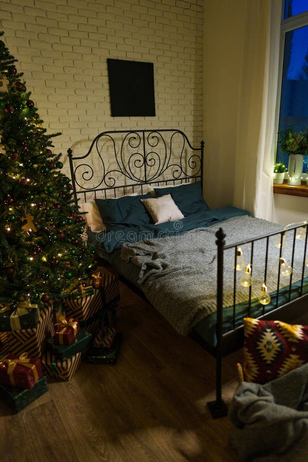 Cozy Bedroom Interior with Winter Christmas Decorations Stock Photo ...