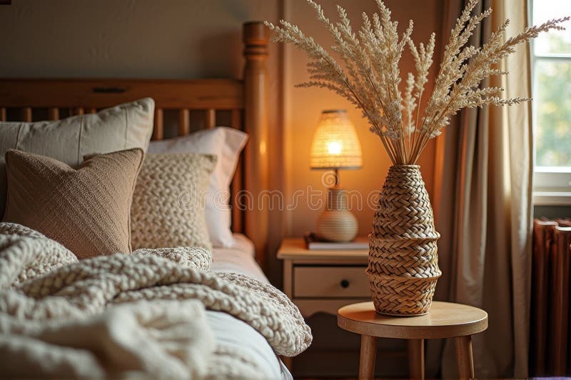Cozy Bedroom Interior with Woven Decor and Soft Textiles in Warm ...