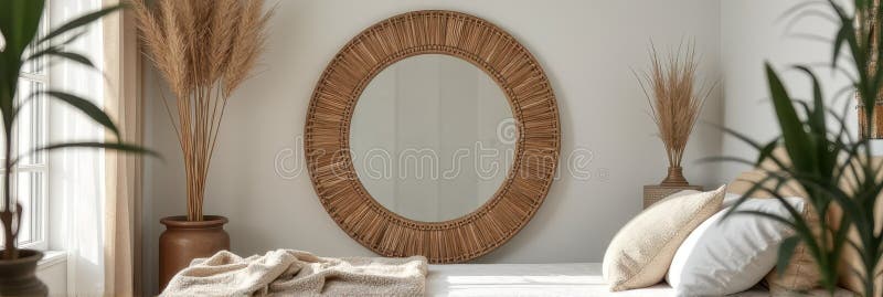 Cozy Bedroom with Large Round Rattan Mirror and Neutral Accents Stock ...